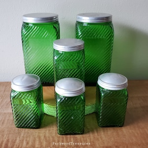 Rare 6 Emerald Green Ribbed Glass Square Canister Jar Set With Metal ...
