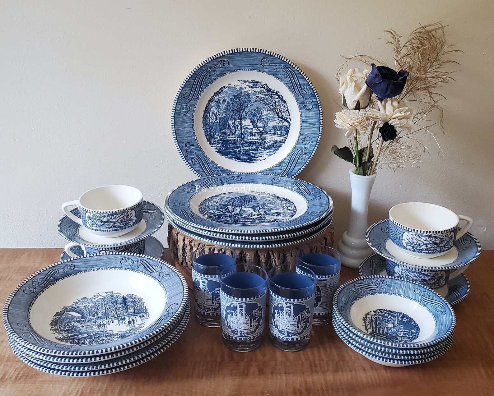 Vintage Currier & Ives Blue Dinnerware Set 24 Piece Set for 4 - Etsy