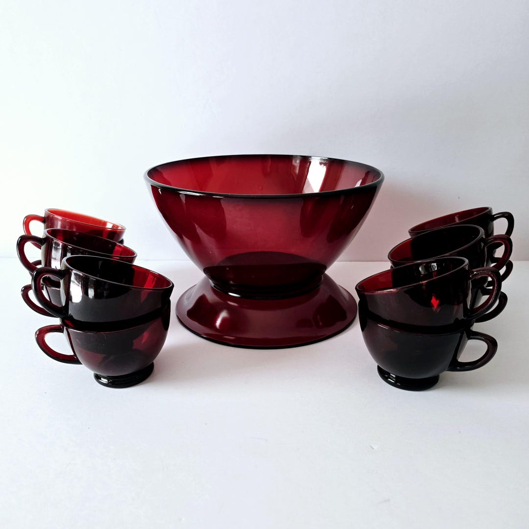 Punch Bowl Set Vintage Anchor Hocking Red Ruby Punch Bowl and 12 Cups ...