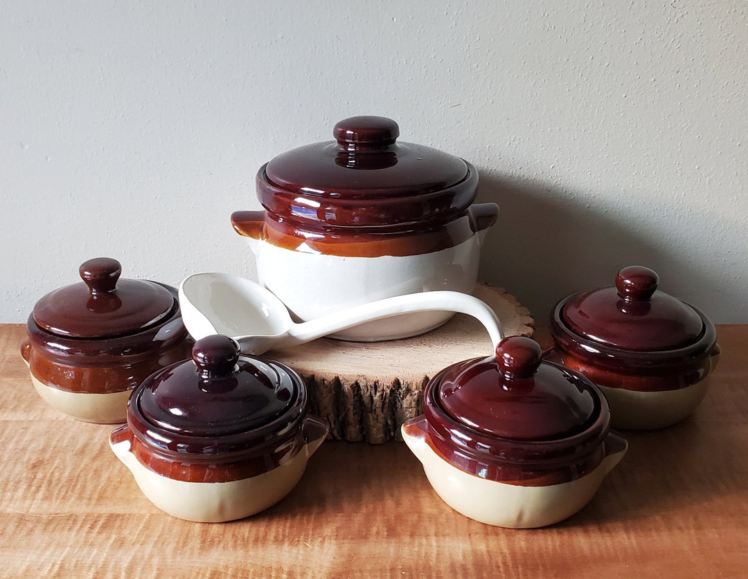 Ceramic Bean Pot Vintage Brown Drip Pottery Soup Tureen With 4 Bowls - Etsy