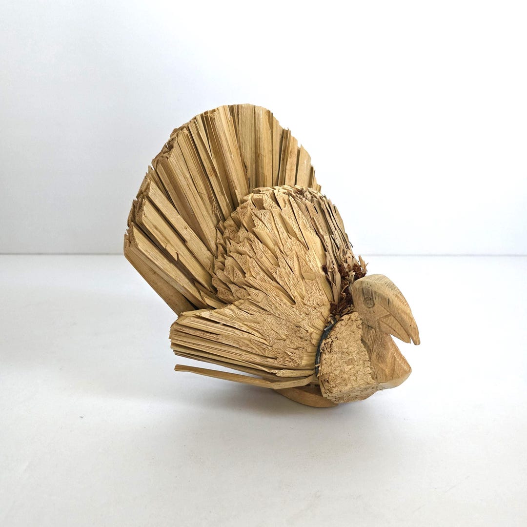 7" Vintage Handcrafted Decorative Turkey: Wood Corn Husk Luffa Gourd ...