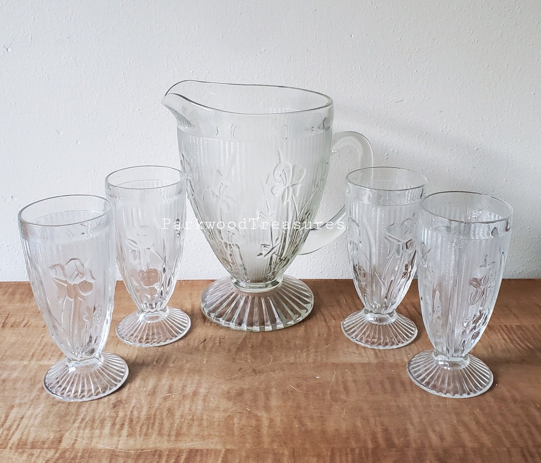 Vintage Iris & Herringbone Pitcher and Glassware Jeannette Glass Company - Etsy