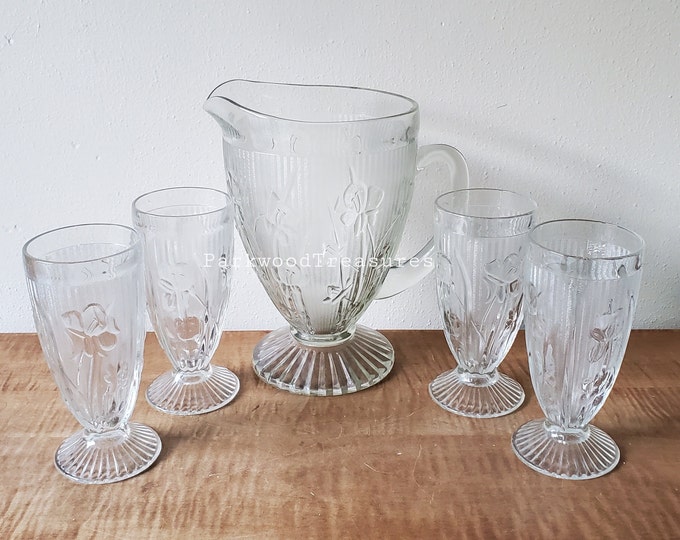 Vintage Iris & Herringbone Pitcher and Glassware Jeannette Glass Company - Etsy