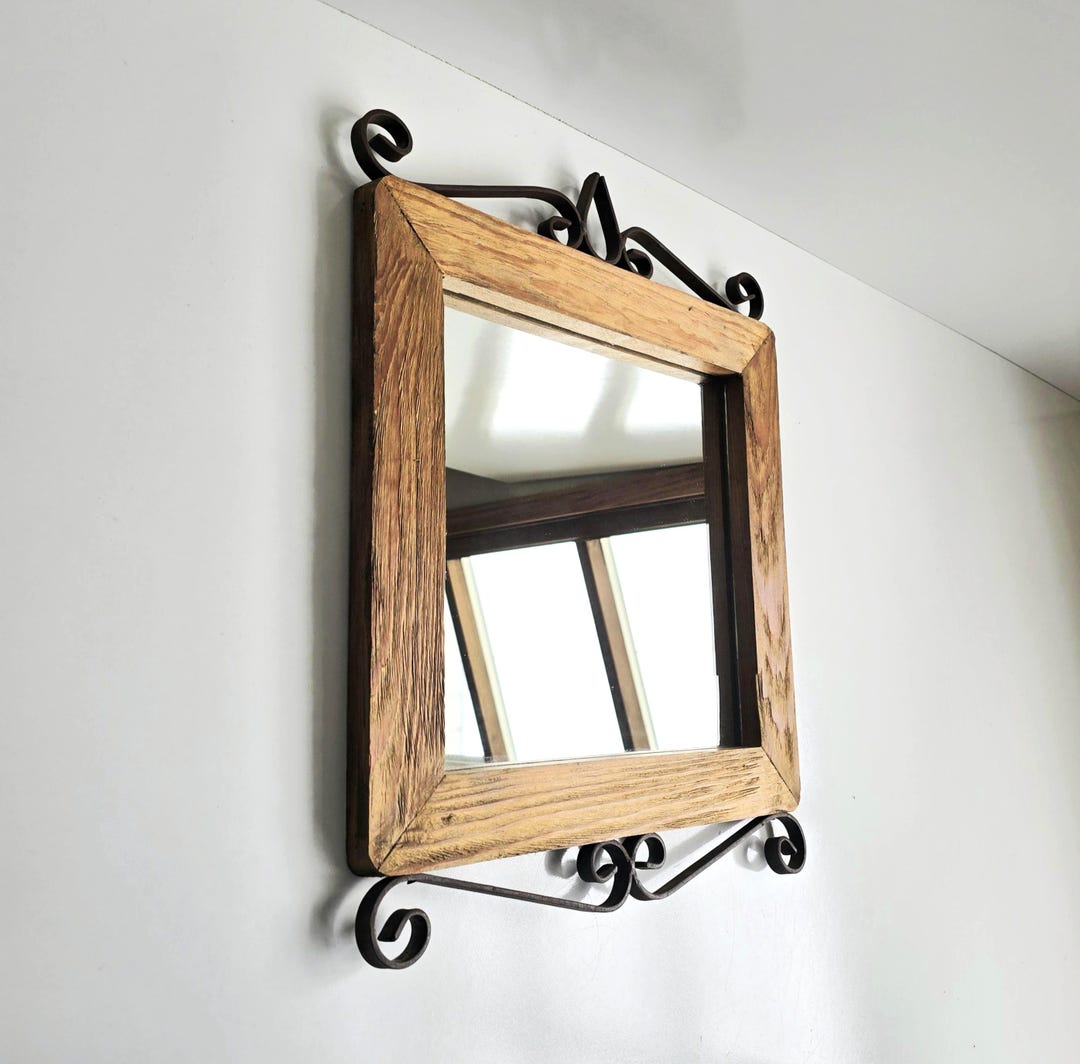 Vintage Handcrafted Metal Scroll Mirror - Rustic Wood Frame 16" X 19.5 ...