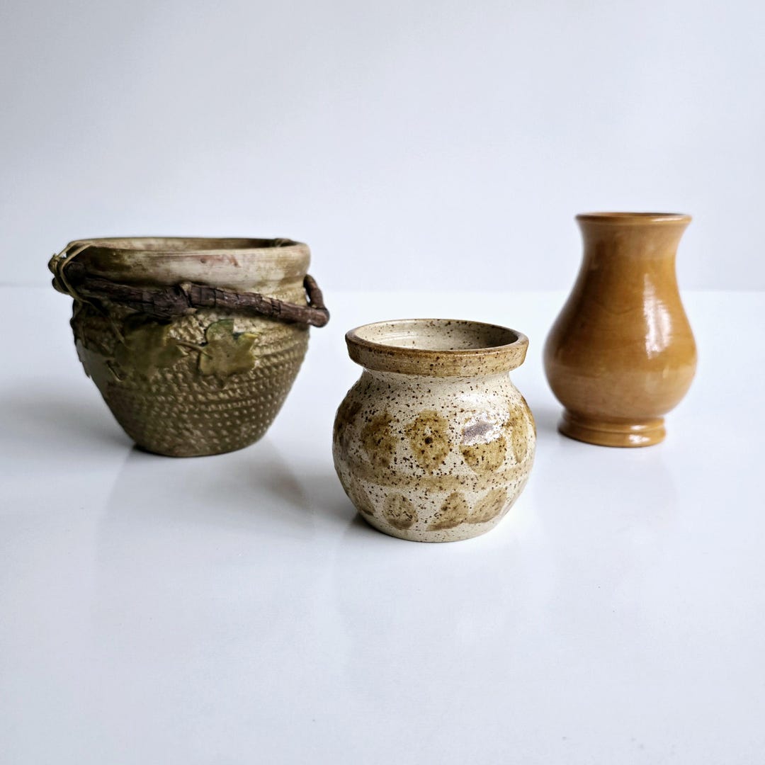 3 Textured Brown Studio Pottery Set: Stoneware Pots & Wood Vase - Etsy