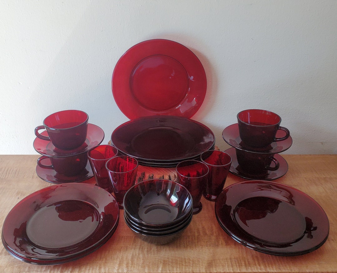 Vintage Royal Ruby Red Anchor Glass Dinnerware/red Glassware/ 24 Piece ...