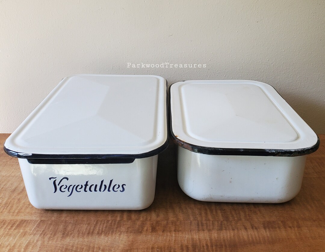 Vintage XL White Enamel Refrigerator Pan With Cover, Enamelware Black ...