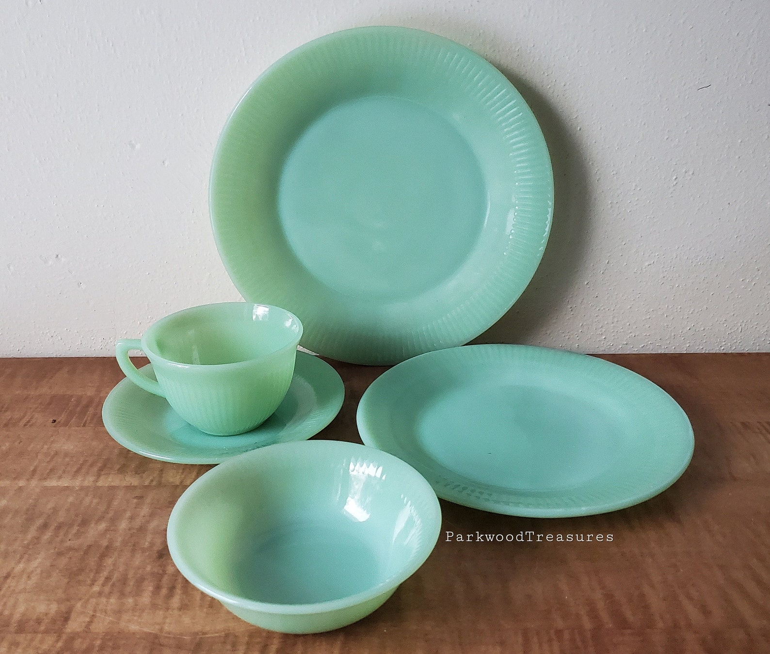 Vintage Fire King Jadeite Dinnerware Set: Jane Ray Green Dishes for 4 ...