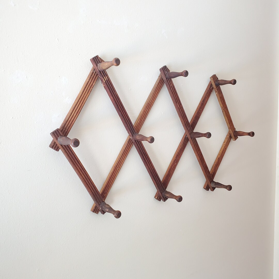 Antique Expandable Peg Rack Wood Accordian Rack Entryway Organization ...
