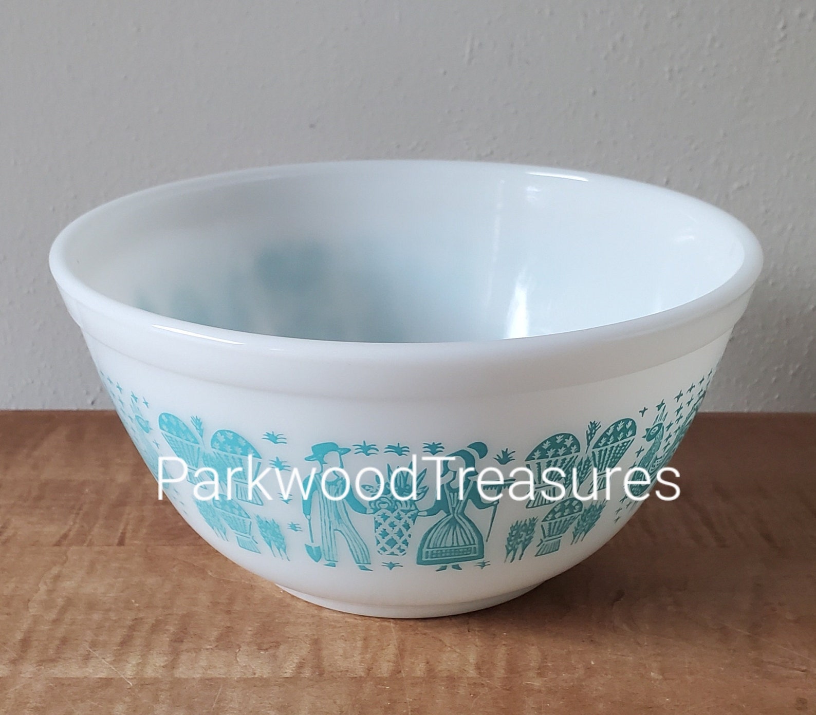 Vintage Pyrex Amish Butterprint Mixing Bowl Set: Turquoise Farm Scene ...