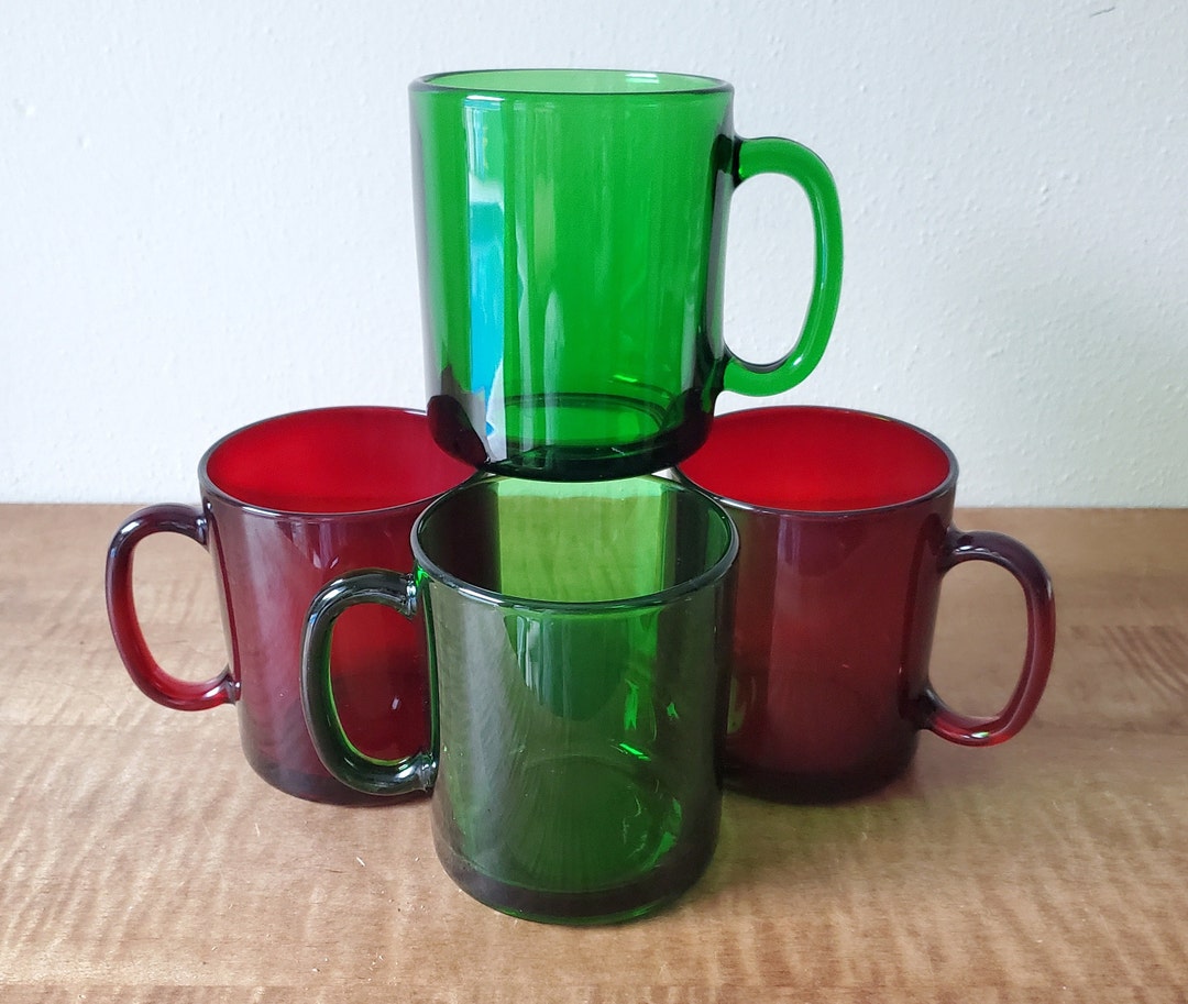 Vintage Arcoroc Glass Coffee Mugs, Coffee Cups, Arcoroc Red Green Mugs ...