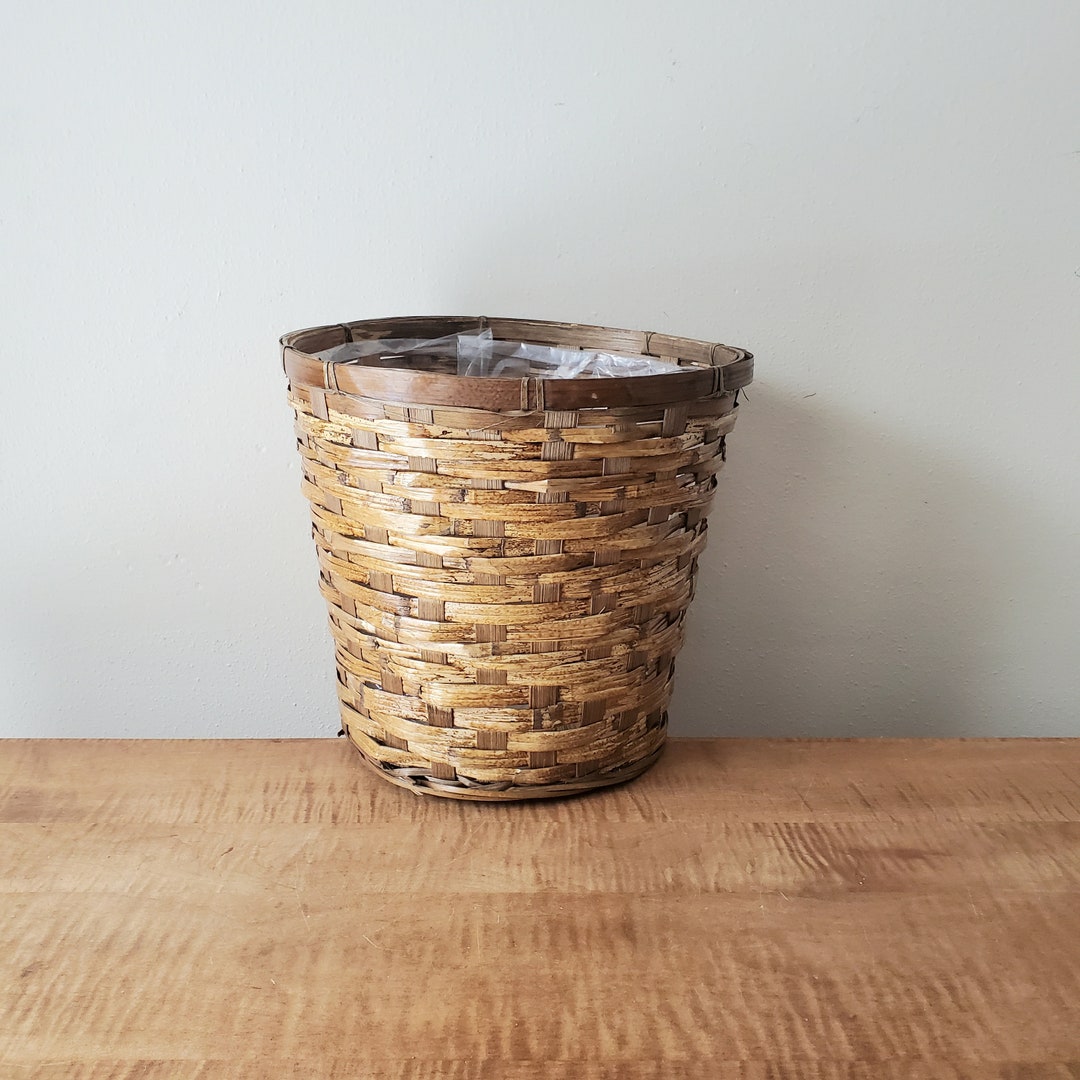 Vintage Wicker Wastebasket, Woven Splint Bamboo Wastebasket, Wicker ...