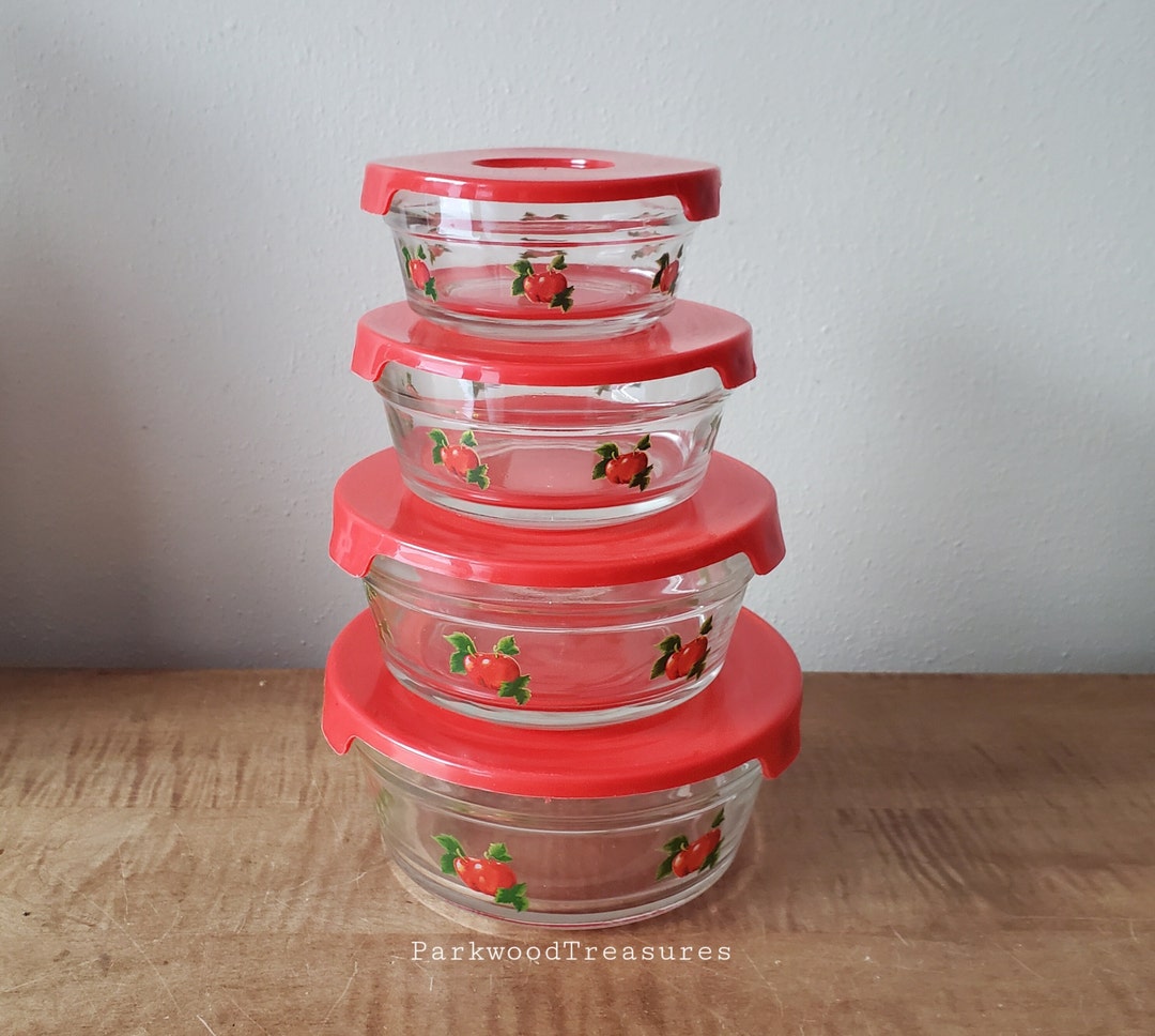 Vintage Prep Bowls, "cherries" Nesting Bowls, Set of 4 Glass Bowls With ...
