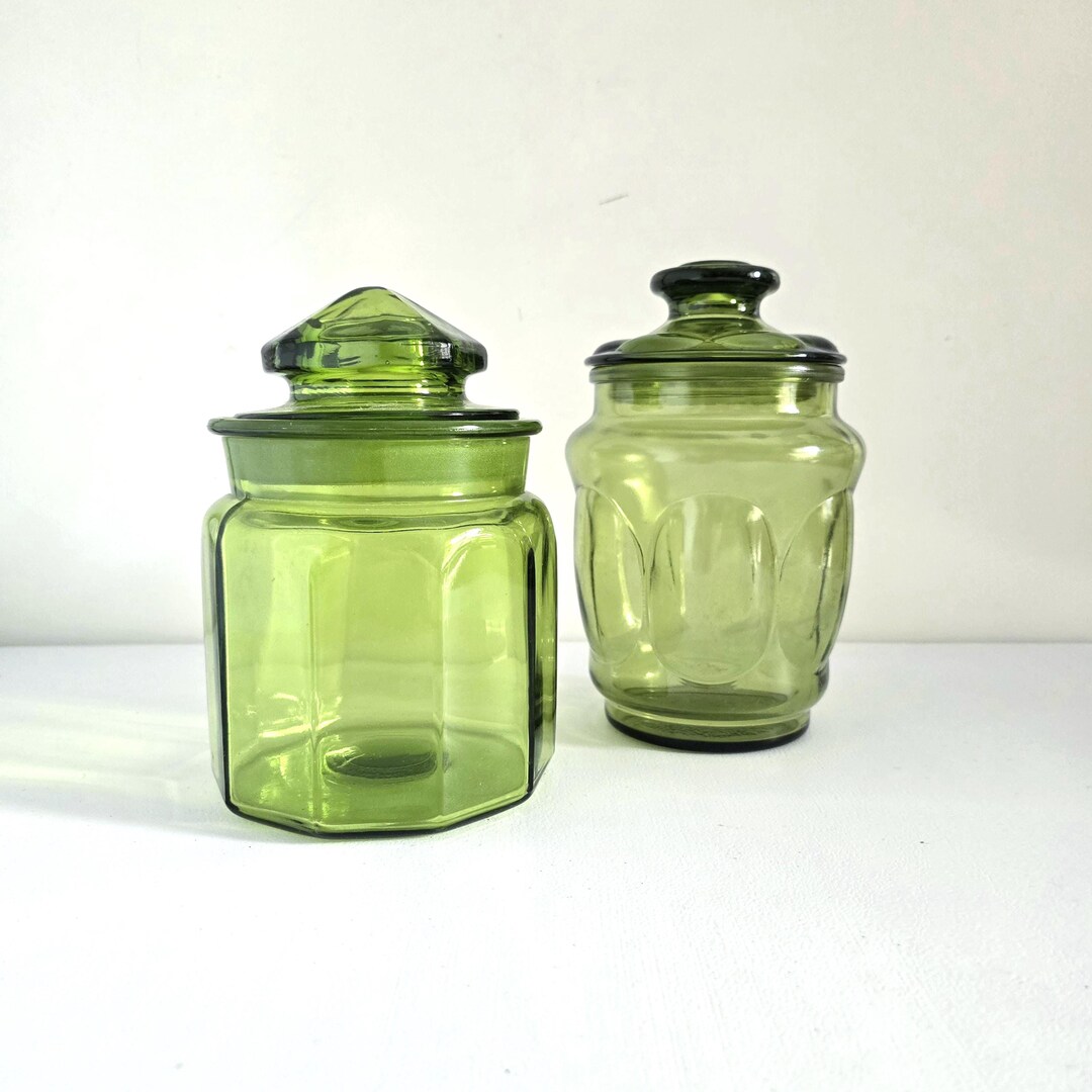 2 Vintage Green Glass Storage Jars & Lids /details in Description - Etsy