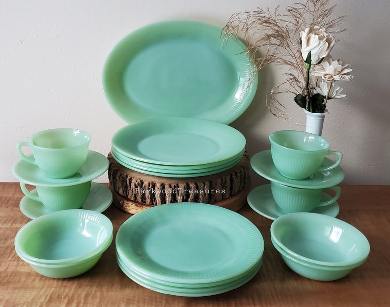 Vintage Fire King Jadeite Dinnerware Set: Jane Ray Green Dishes for 4 ...