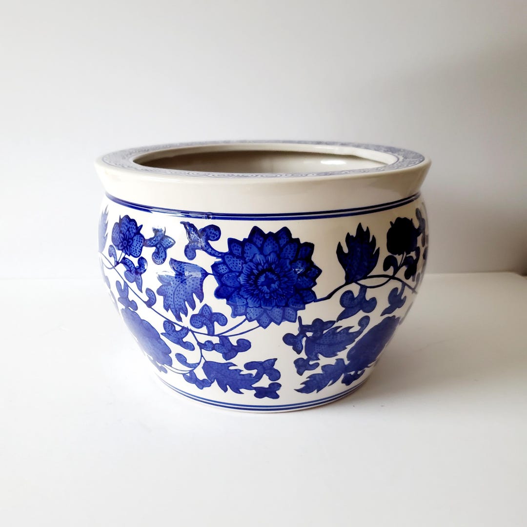 Blue Flower White Porcelain 10" Flower Pot Vintage Fish Bowl Planter ...