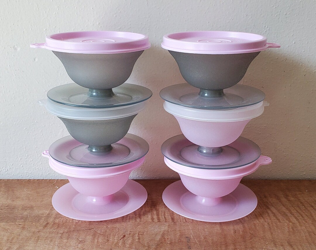 Vintage Tupperware Pudding Cup Set of 6 Gray and Pink Tupperware Cups ...