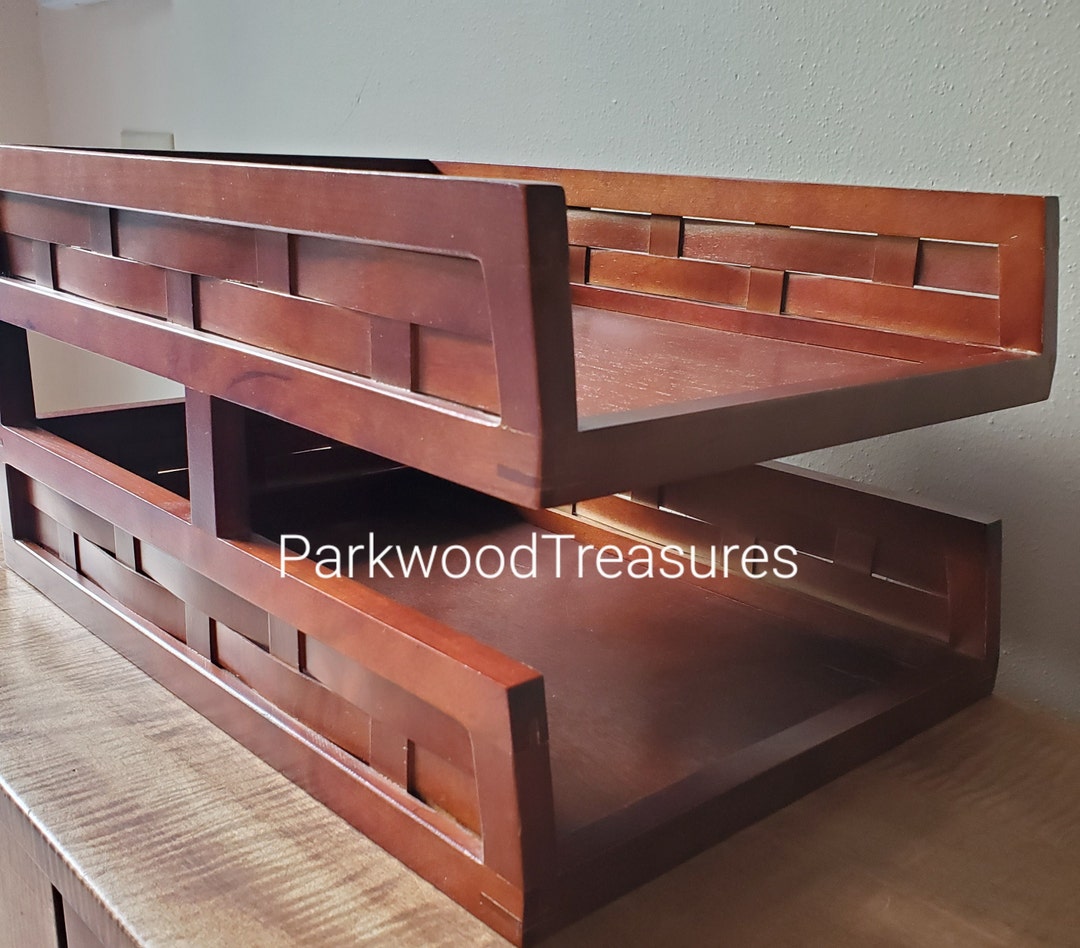 Vintage Office File, Wood Paper Trays, Desk Storage, Desk Caddy ...