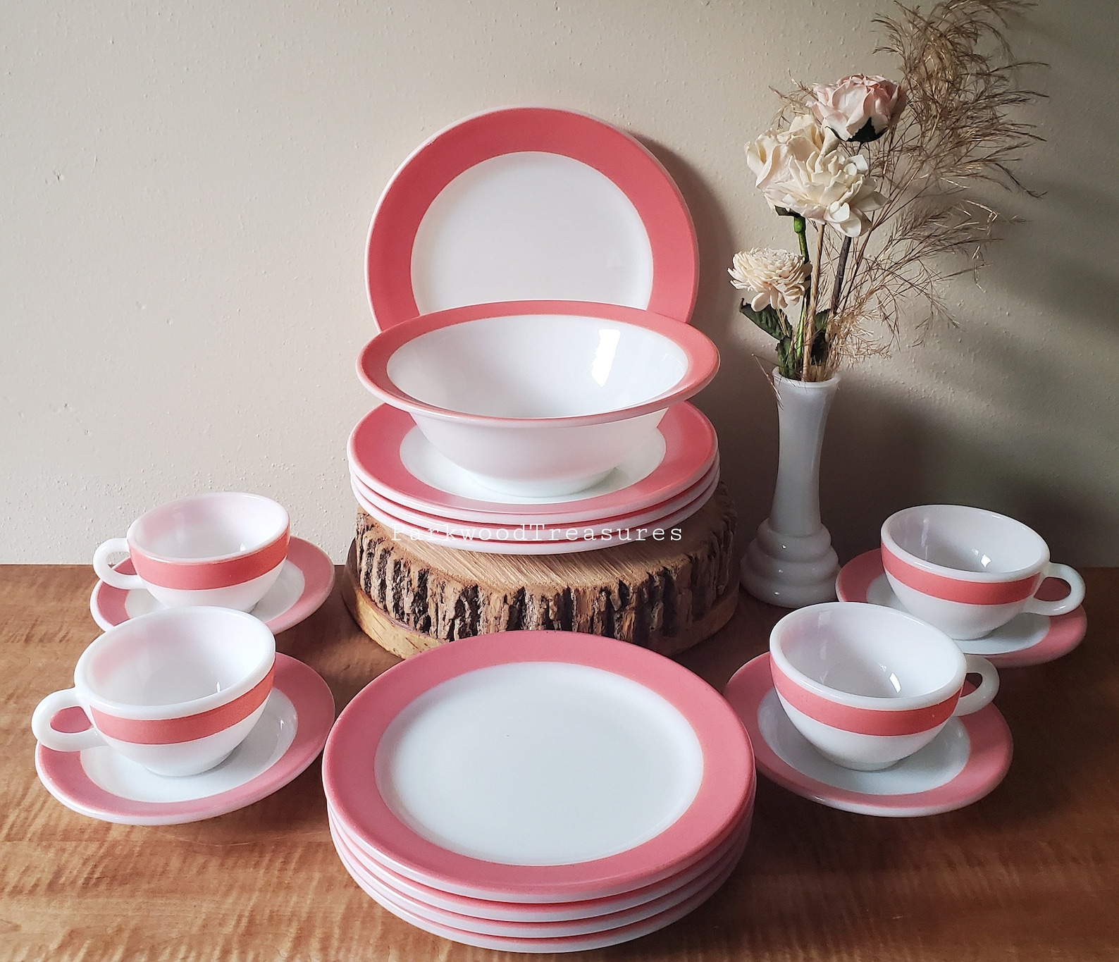 Vintage Pyrex Pink Dinnerware Set Wide Stripe Pink Restaurant - Etsy
