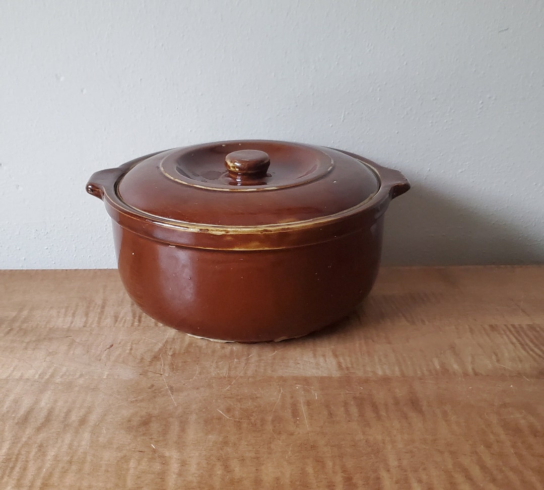 Vintage Ceramic Bean Pot, Stoneware Pottery Dutch Oven Casserole ...