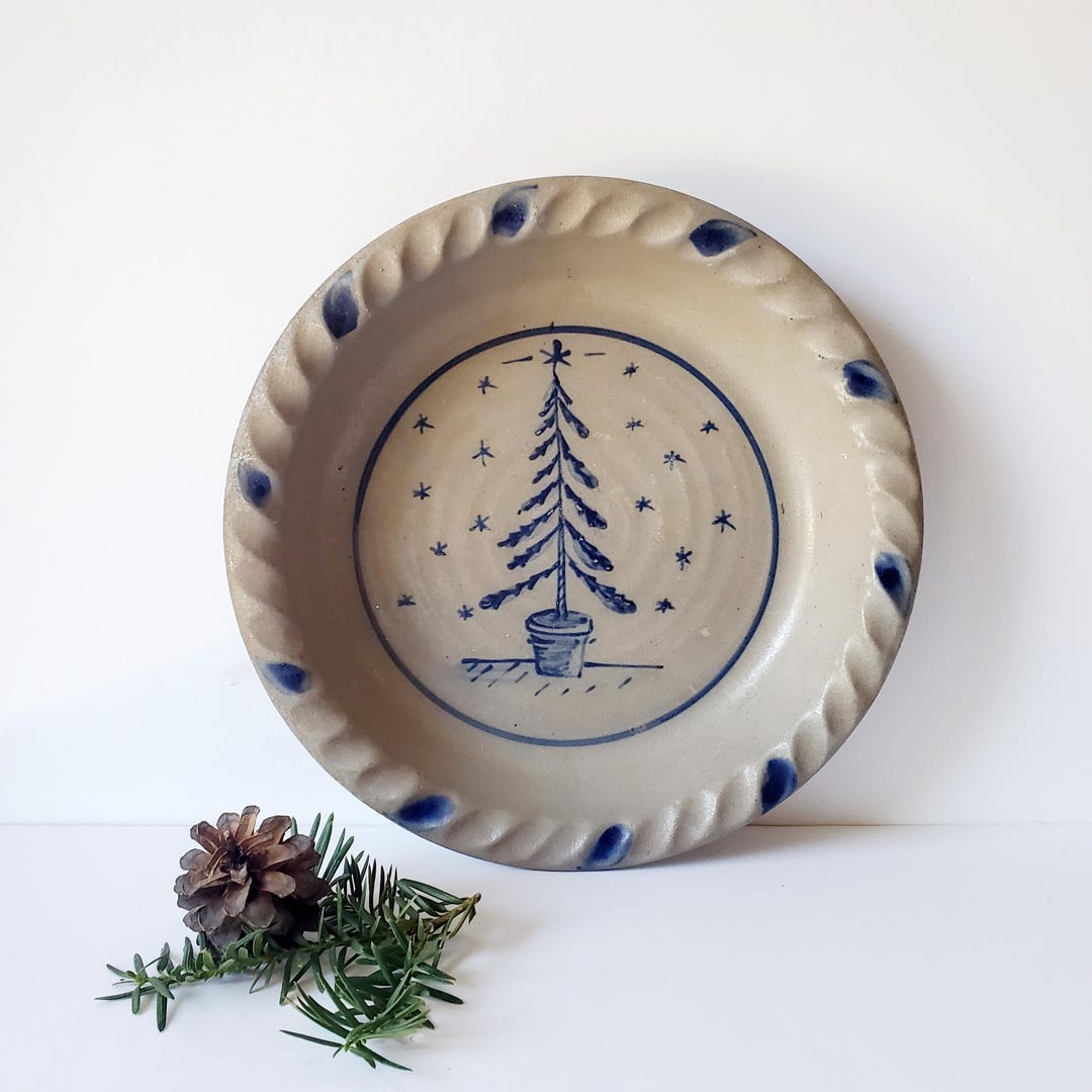 Rowe Pottery Works Christmas Pie Plate Dish Vintage Salt Glazed Pottery ...