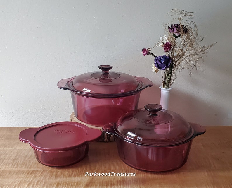 Vintage Cranberry Pyrex Visions 6-piece Casserole Set: Size Details in ...