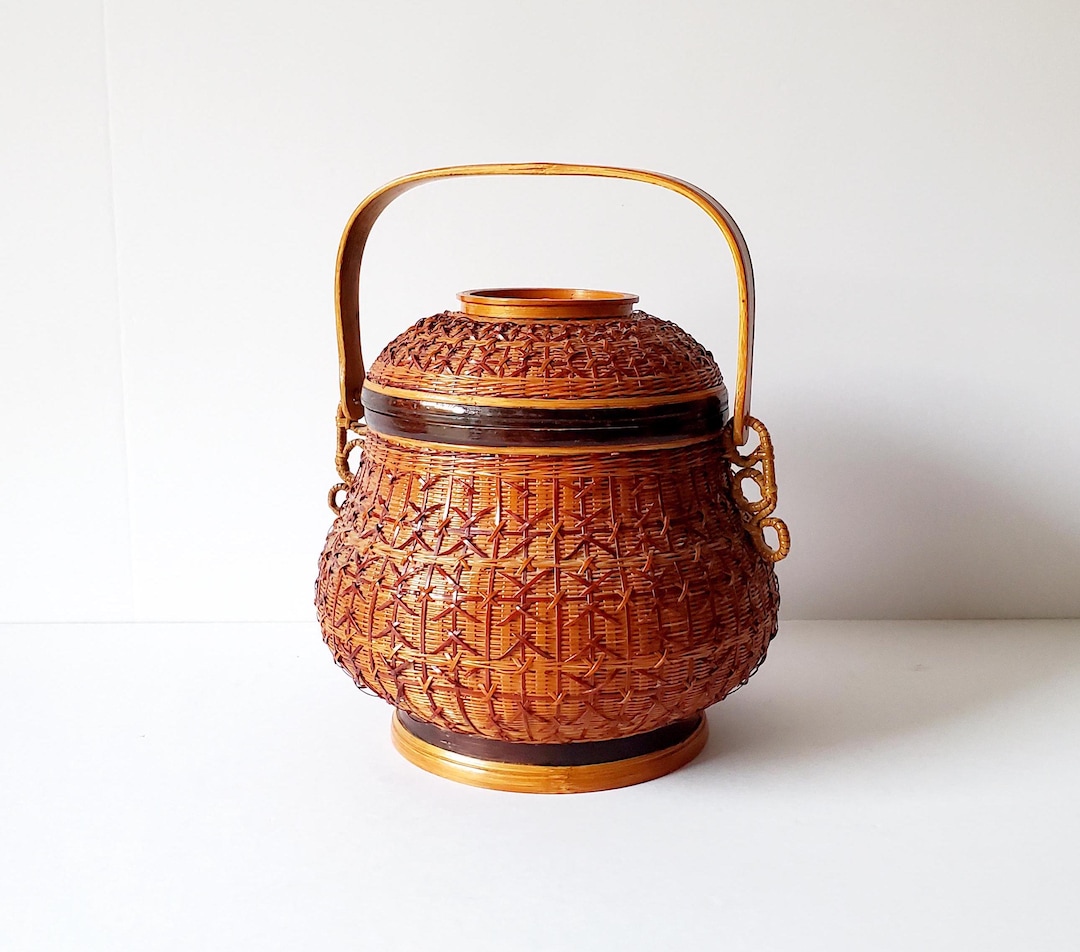 Wicker Basket Vintage Chinese Bamboo Rice Basket With Handle and Lid - Etsy
