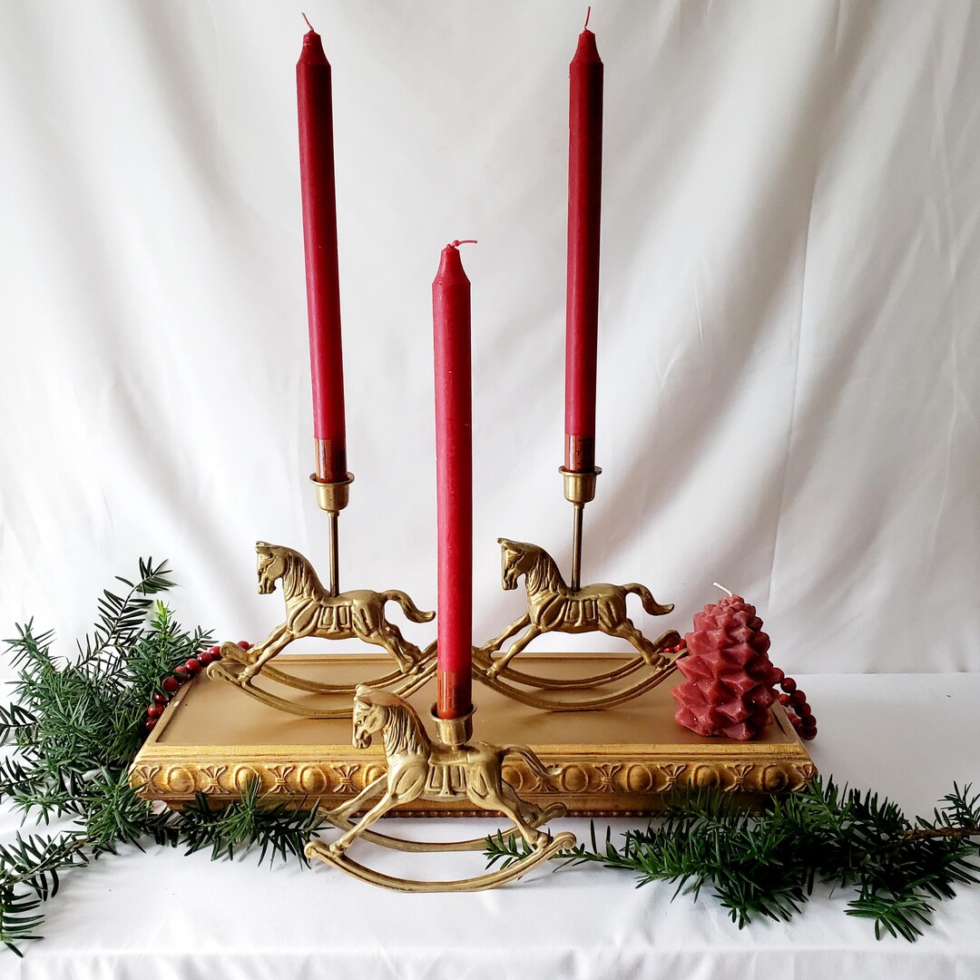 Vintage 3 Solid Brass Candlestick Horse, Brass Rocking Horse Candle ...