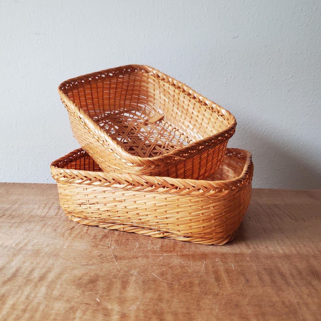 Vintage Shallow Baskets, Set of 2 Catchall Woven Baskets, Rattan Coffee ...