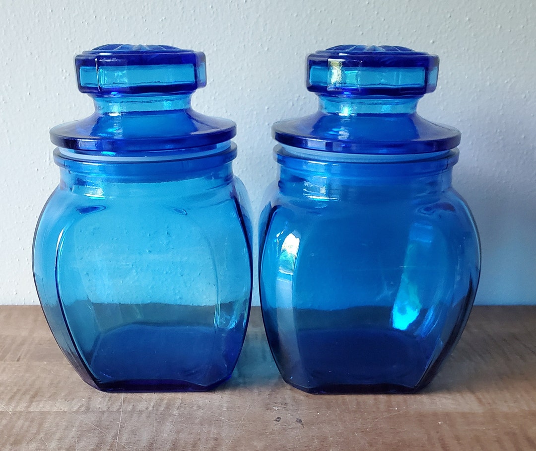 Vintage Blue Glass Apothecary Jars, Blue Canisters - Etsy