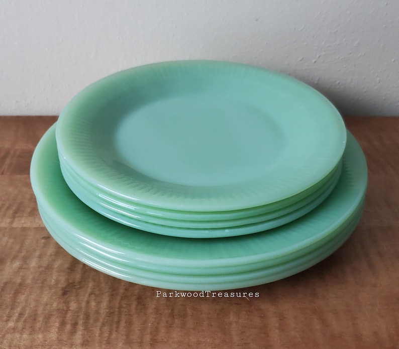 Vintage Fire King Jadeite Dinnerware Set: Jane Ray Green Dishes for 4 ...