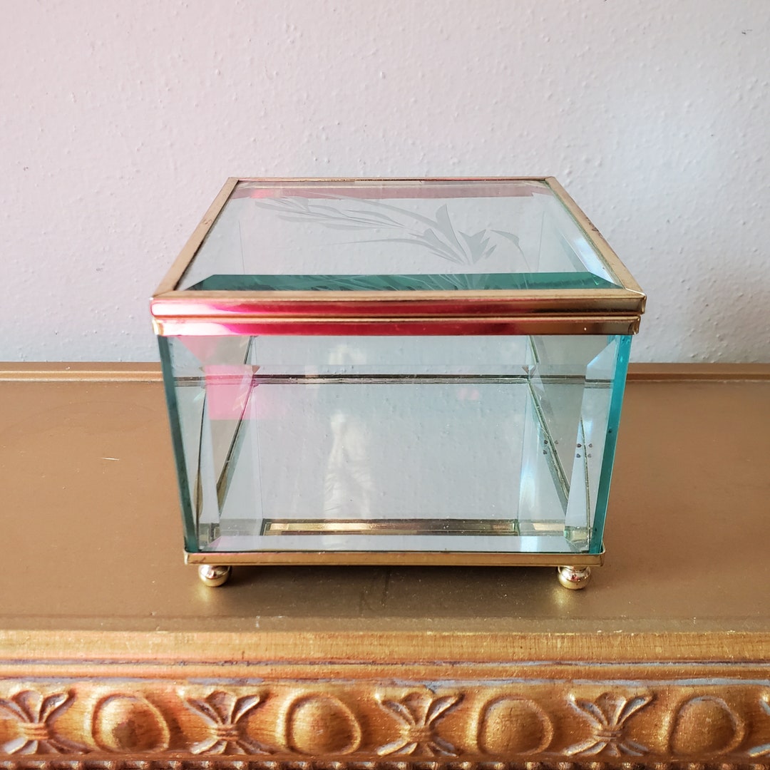 Vintage Glass Curio Box, Etched Glass Display Case, Brass & Glass Display Case, Glass Curio ...
