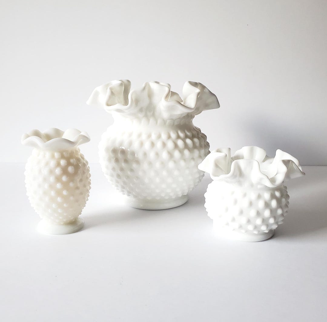 Fenton Hobnail Vases 3 Vintage White Milk Glass Ruffled Top Vases - Etsy