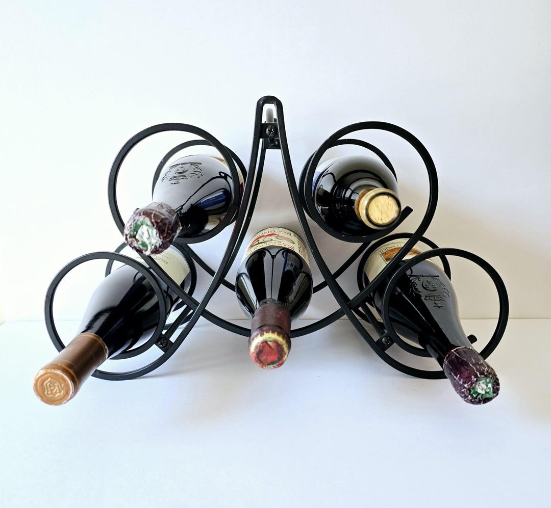 Vintage Black Metal Wine Rack - 5 Bottle Triangular Display /details in ...