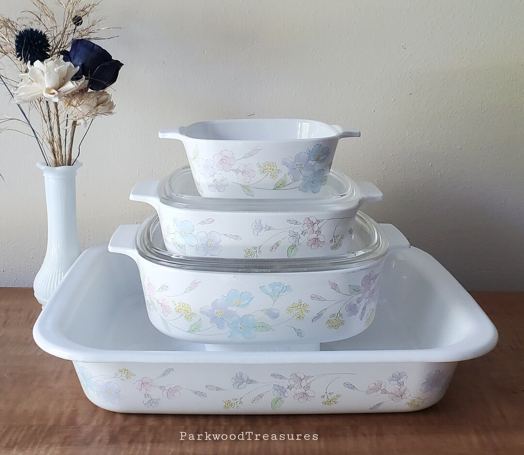 Vintage Corning Ware Pastel Bouquet 4 Casseroles & 2 Pyrex Lids ...