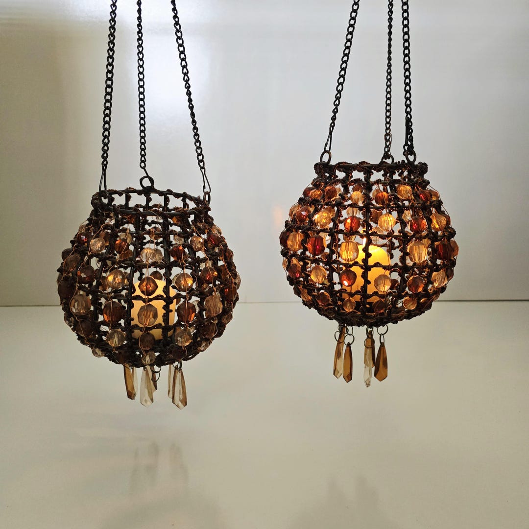 Vintage Wire Beaded Votive Globe Lanterns: Pair Jeweled Hanging Candle ...
