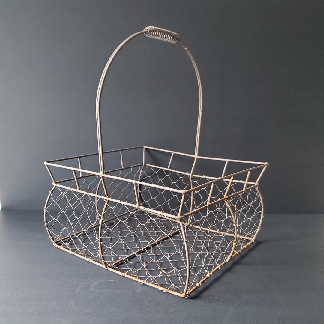 Storage Basket With Handle, 14" X 10" X 8", Antique French Wire Handled ...