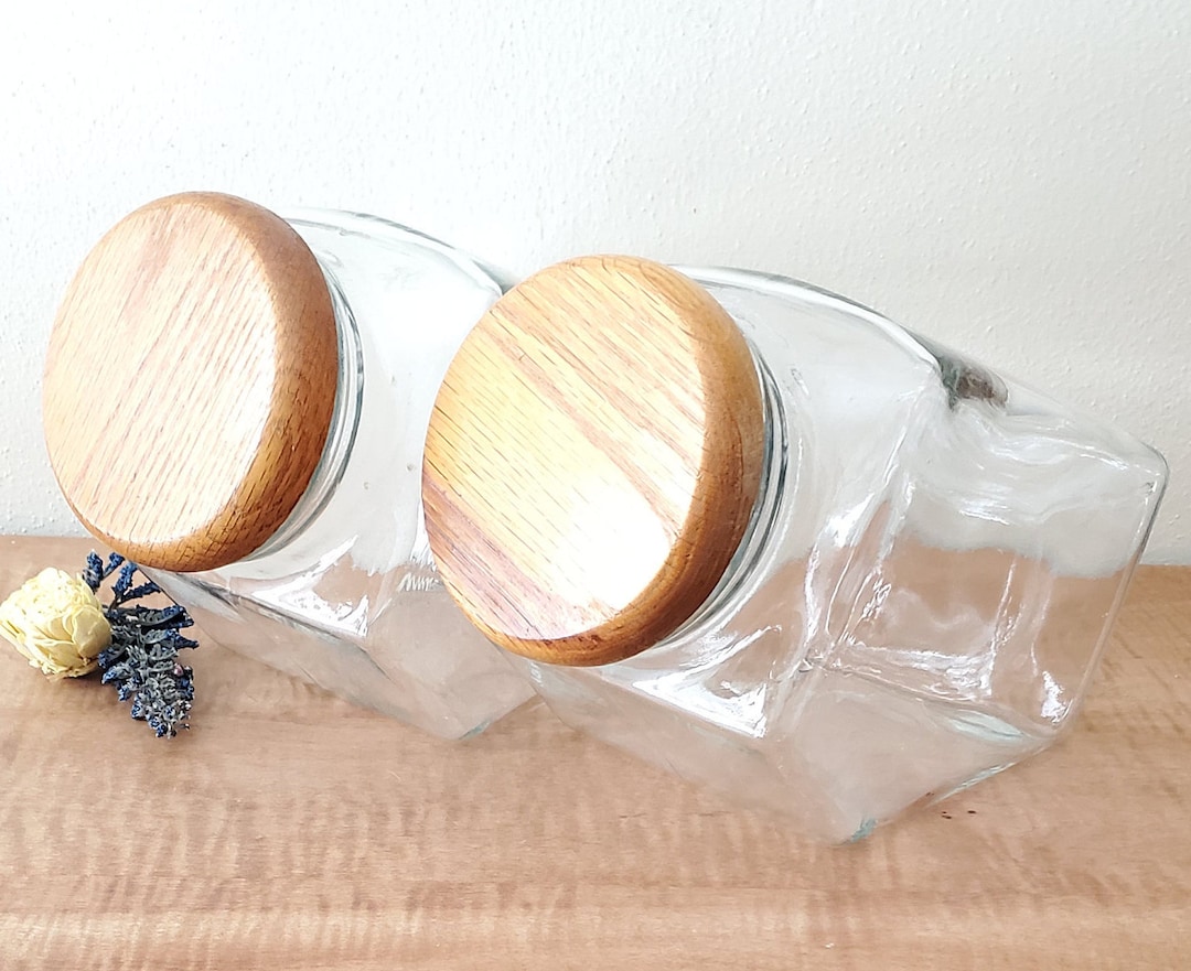 Vintage Glass Canister, Libbey Slant Storage Jars With Beautiful Wood ...