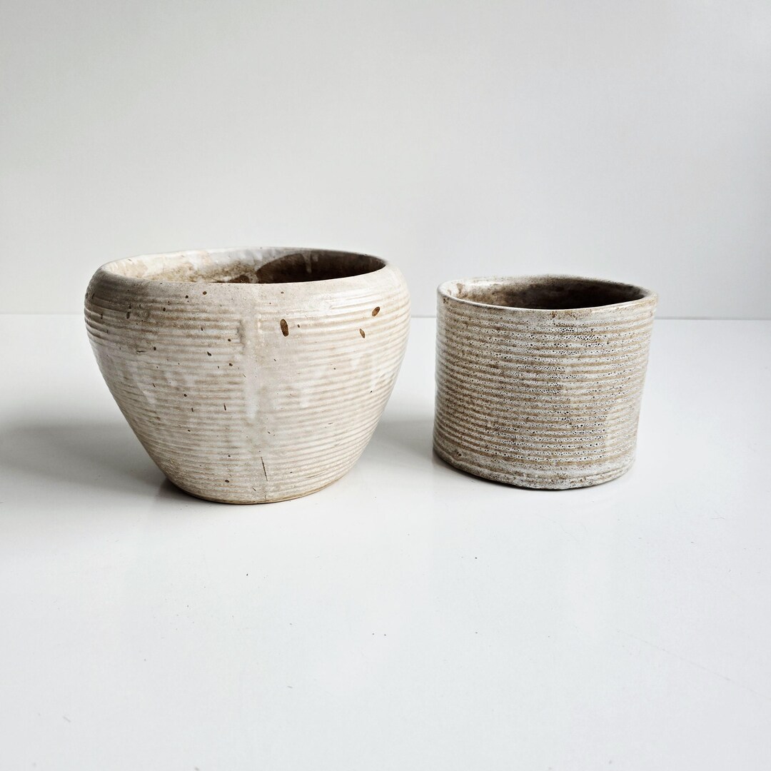 Stoneware Planters 2 MCM Zanesville Homespun White Glazed Plant Pots - Etsy