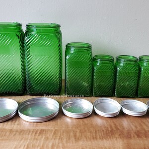 Rare 6 Emerald Green Ribbed Glass Square Canister Jar Set With Metal ...