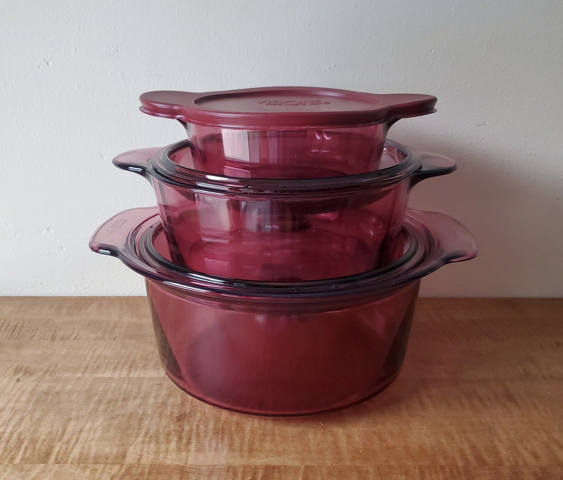 Vintage Cranberry Pyrex Visions 6-piece Casserole Set: Size Details in ...