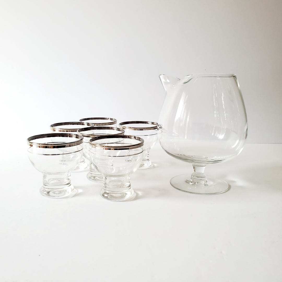 Mid-century Brandy Snifter Set 6 Vintage Platinum Ringed Footed Glasses ...