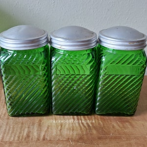 Rare 6 Emerald Green Ribbed Glass Square Canister Jar Set With Metal ...