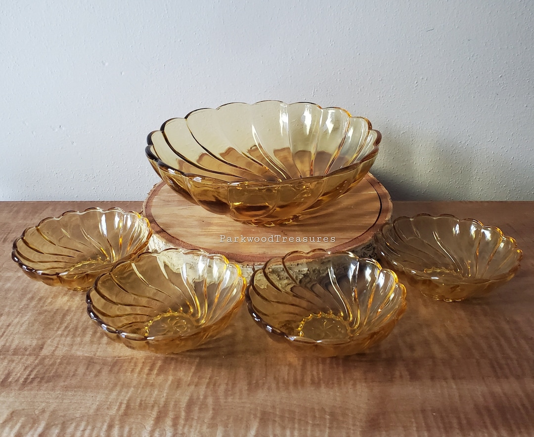 Vintage Amber Glass Bowls, Salad Serving Bowl Set, Golden Swirl by ...