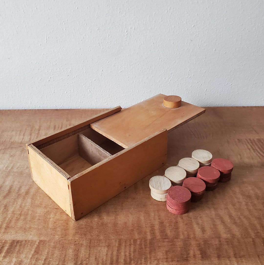 Vintage Cherry Wood Checkers Box: Handmade Slider Lid, Divided Storage ...