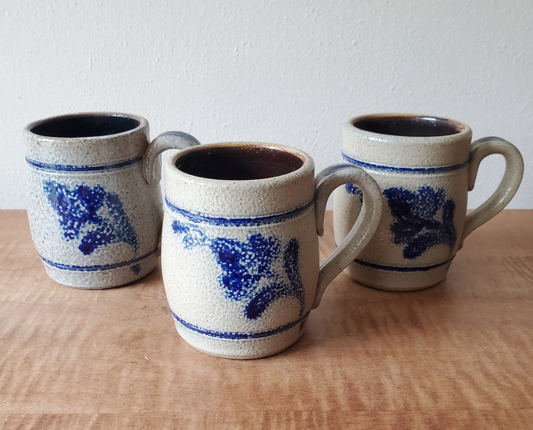 Vintage Rowe Pottery Salt Glaze With Blue Design, 3 Mugs - Etsy