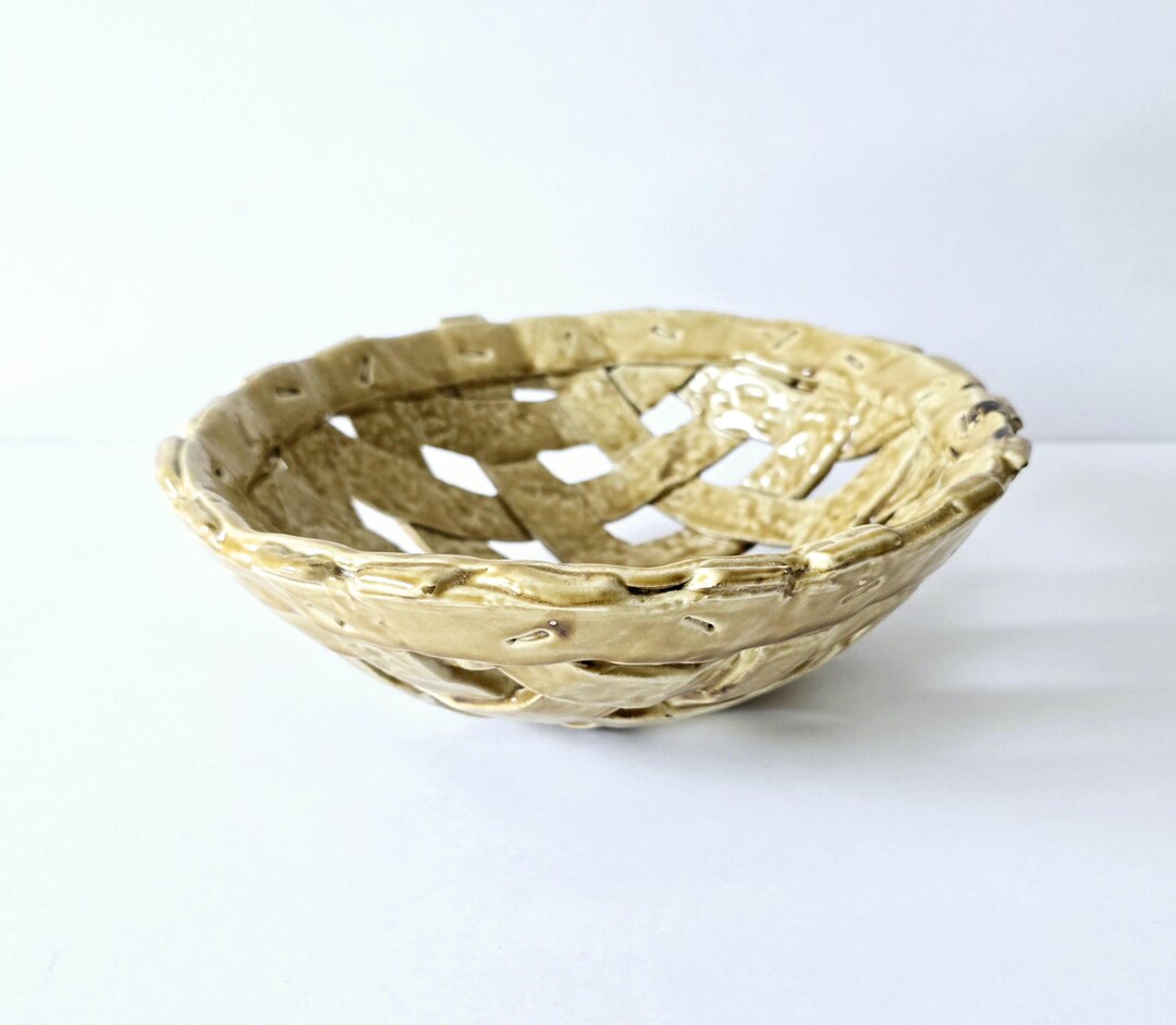 Stoneware Basket 10" Vintage Open Weave Studio Pottery Ceramic Fruit ...