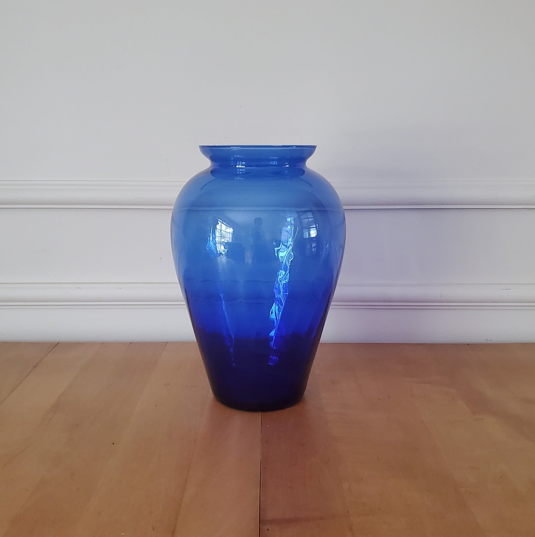 Vintage Cobalt Blue Glass Vase: Large Optic Ribbed Urn, Made in Mexico ...