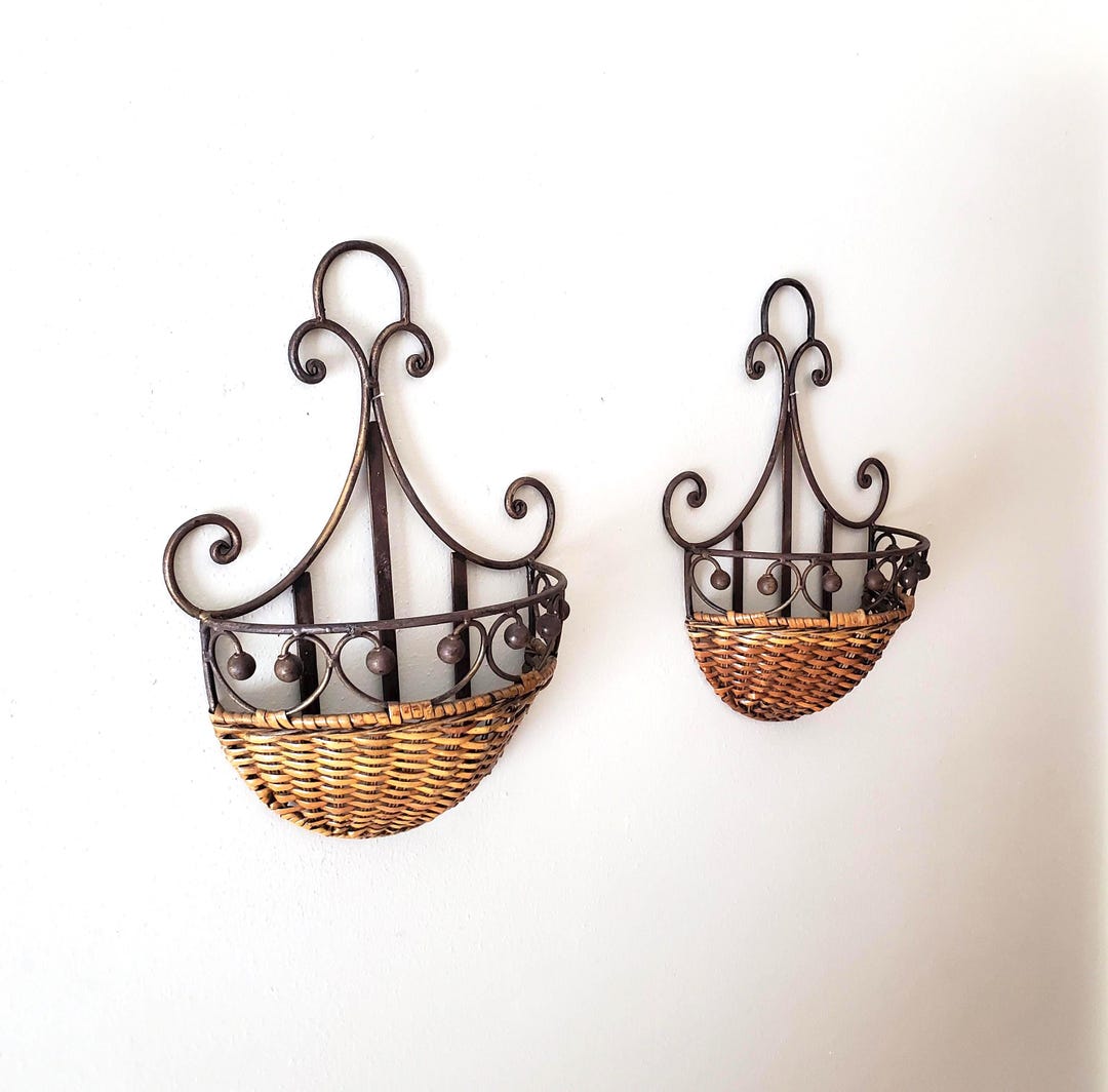 10" Vintage Wicker & Metal Wall Pockets: Pair /details in Description ...