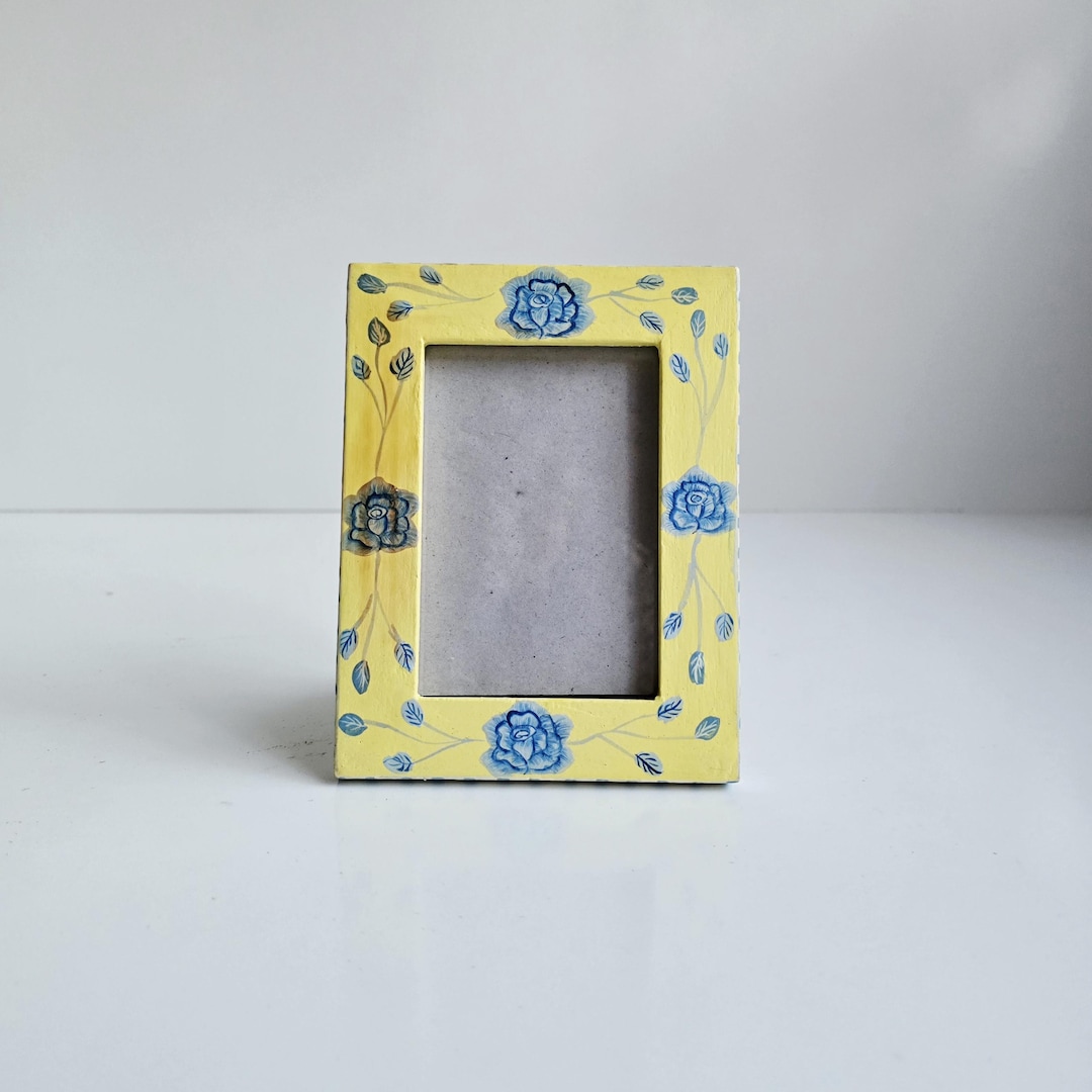 Vintage Yellow Wood Picture Frame With Blue Roses (3 1/2" X 5") - Etsy